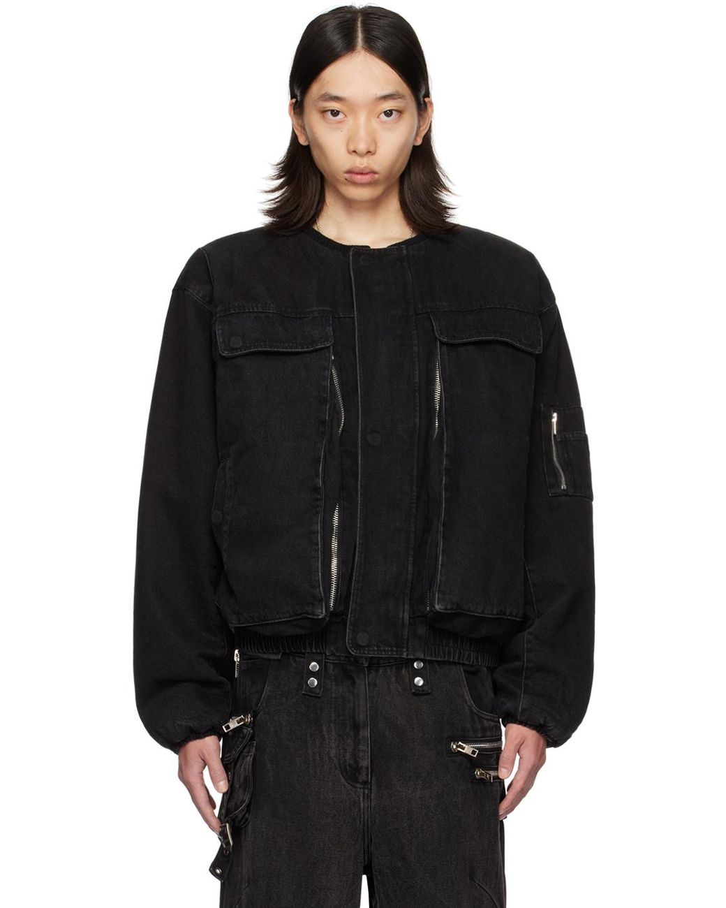 NO/FAITH STUDIOS Ssense Exclusive Removable Shoulder Denim Bomber ...
