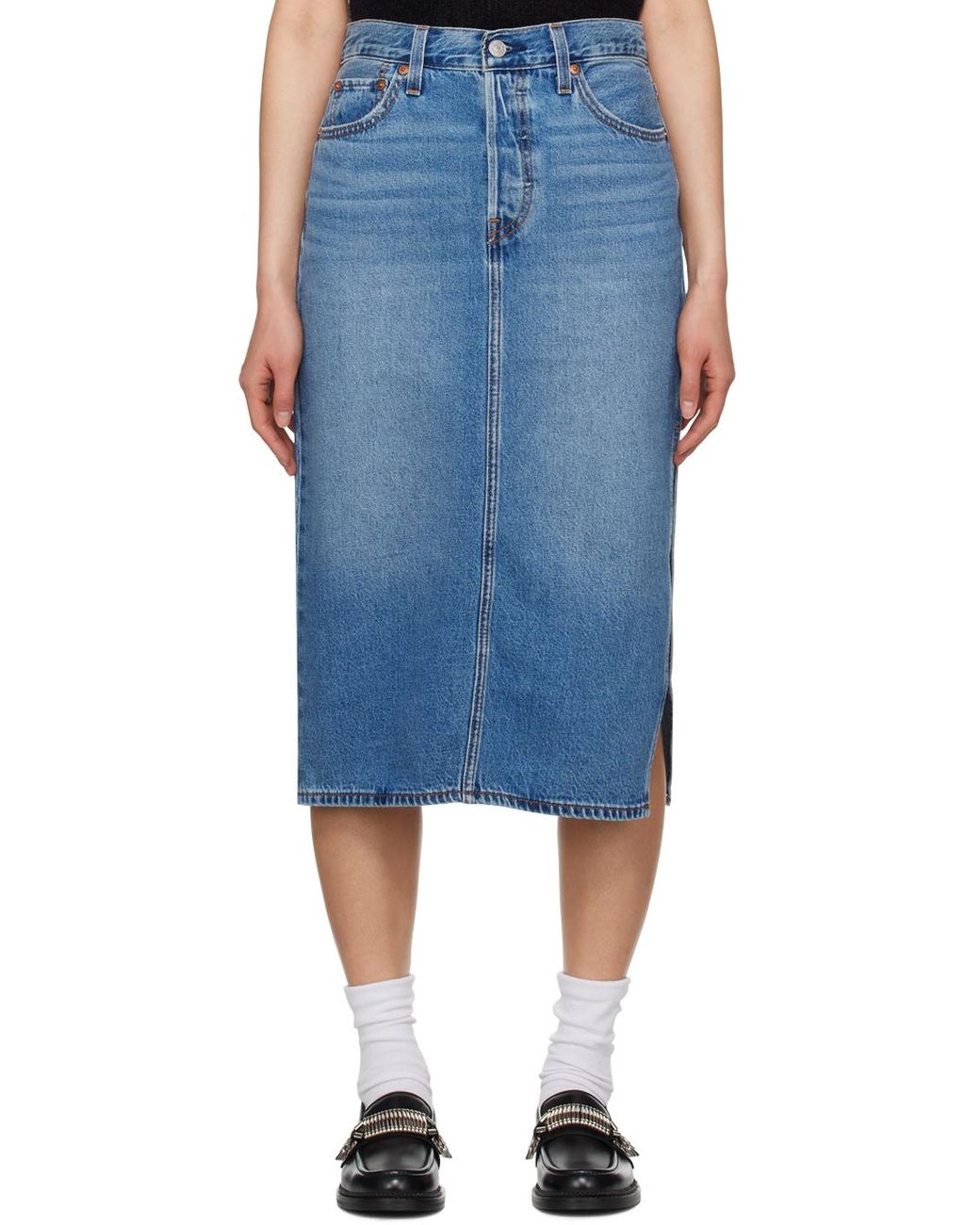 Levi's Blue Side Slit Denim Midi Skirt | Lyst