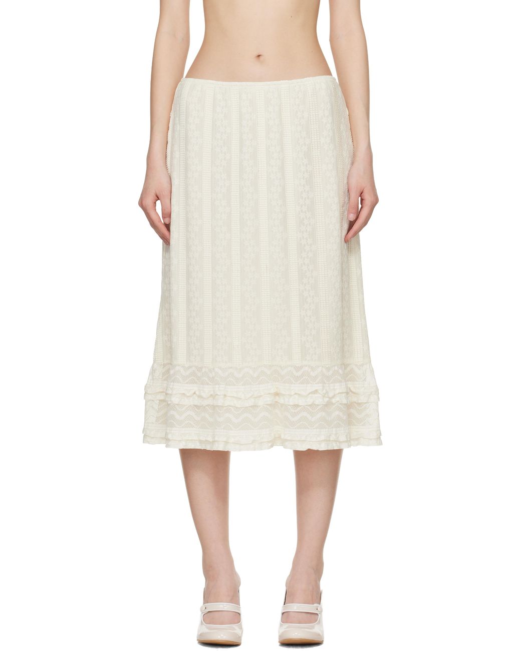 Anna Sui Off- Floral Ruffle Stretch Lace Midi Skirt in Natural | Lyst