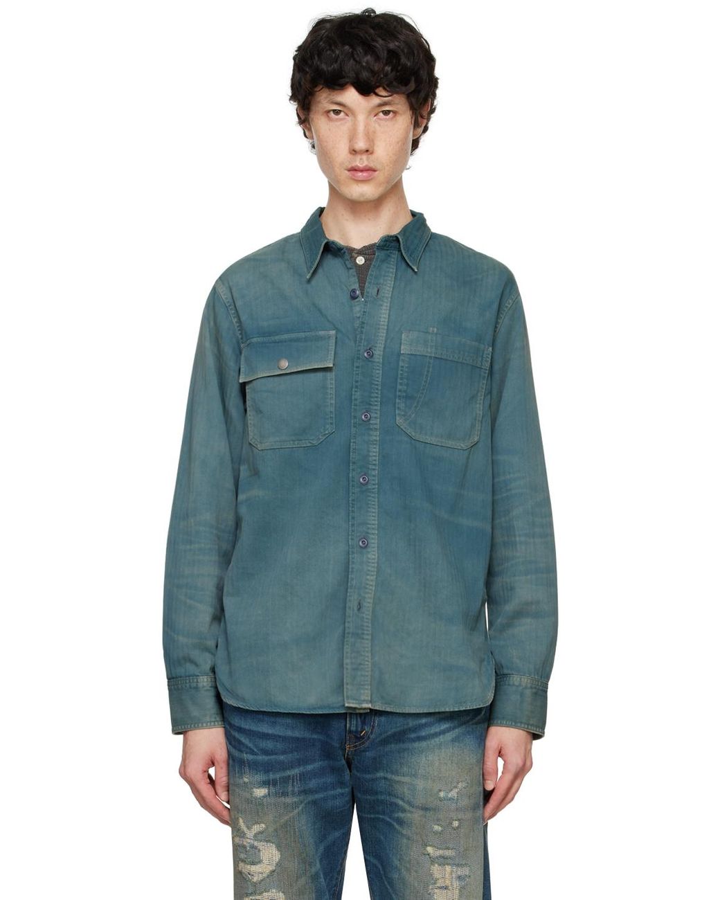 RRL Garment-Dyed Herringbone Twill Shirt in Blue for Men | Lyst