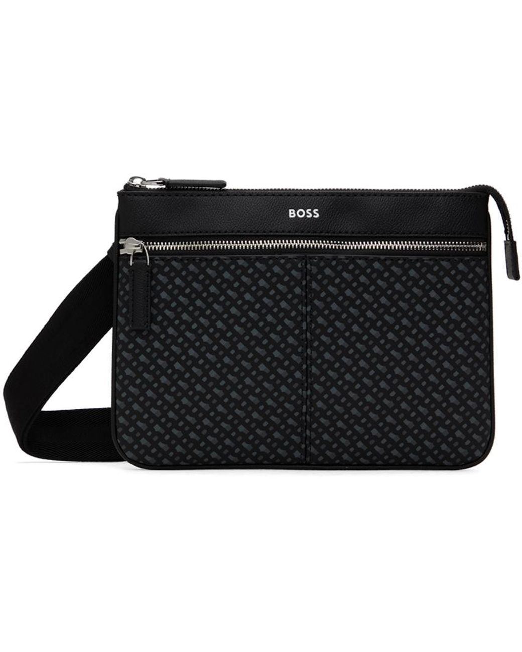 BOSS Leather Monogram Pattern Messenger Bag in Black for Men | Lyst