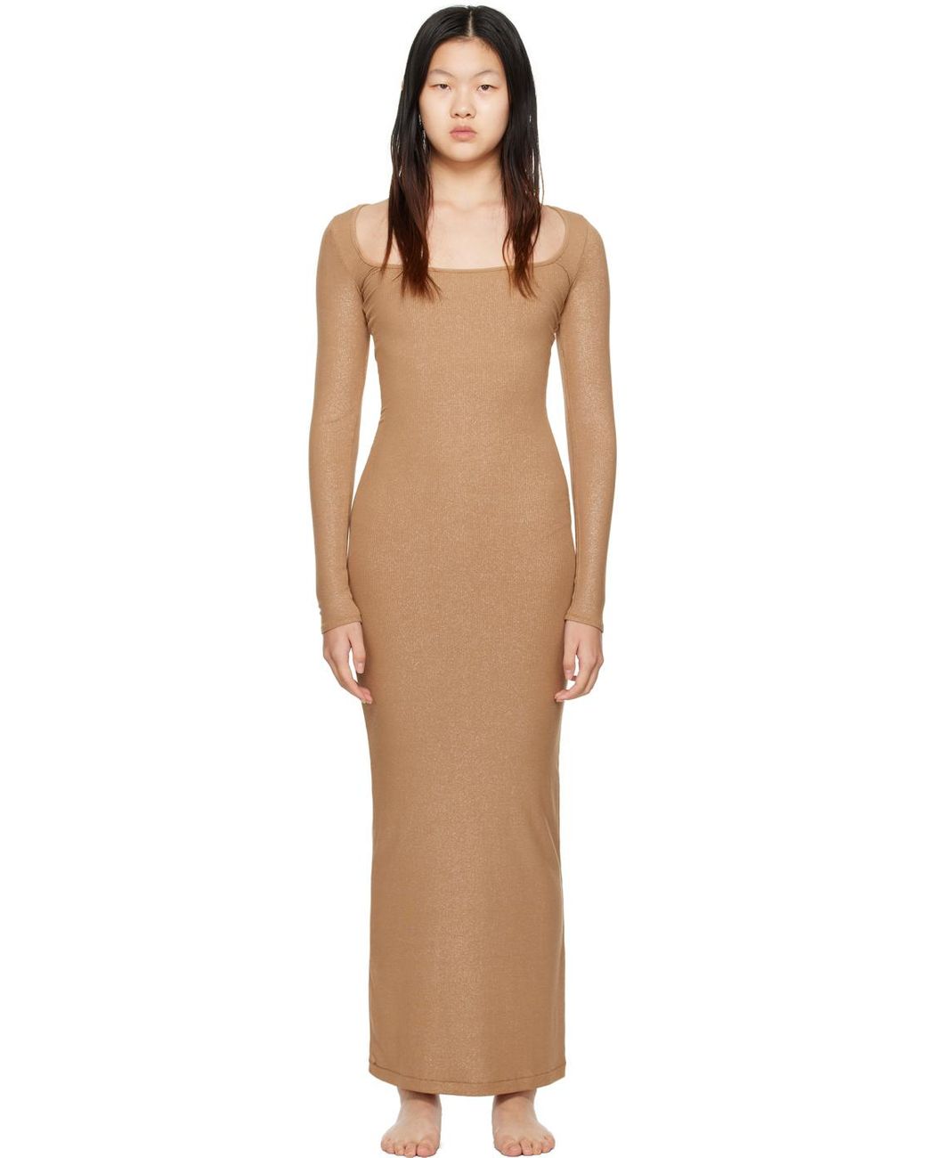 Skims Tan Soft Lounge Shimmer Long Sleeve Maxi Dress in Black | Lyst