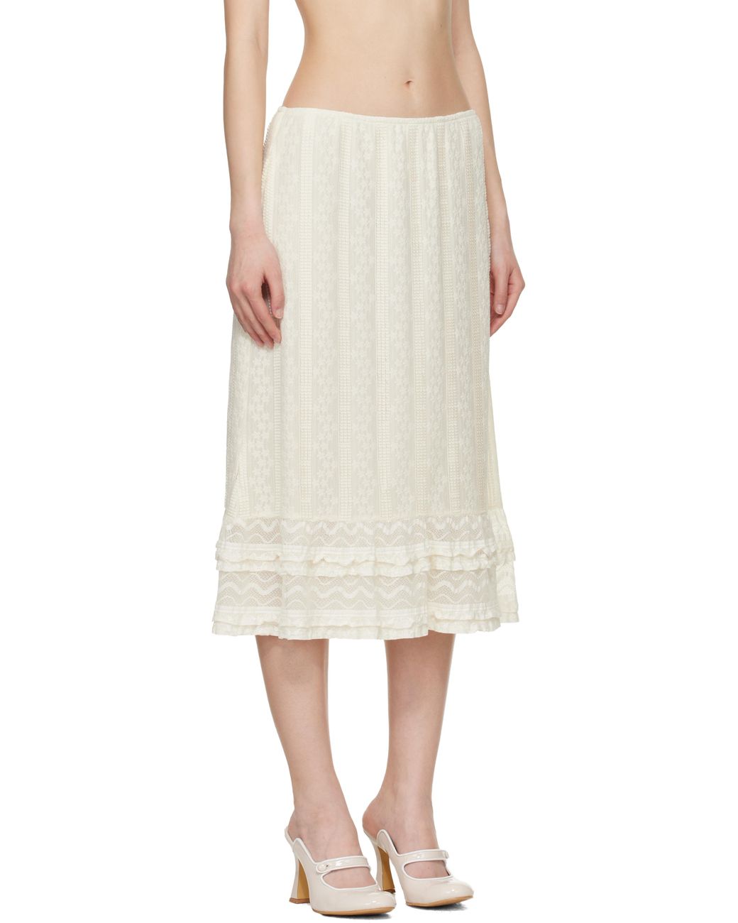 Anna Sui Off- Floral Ruffle Stretch Lace Midi Skirt in Natural | Lyst