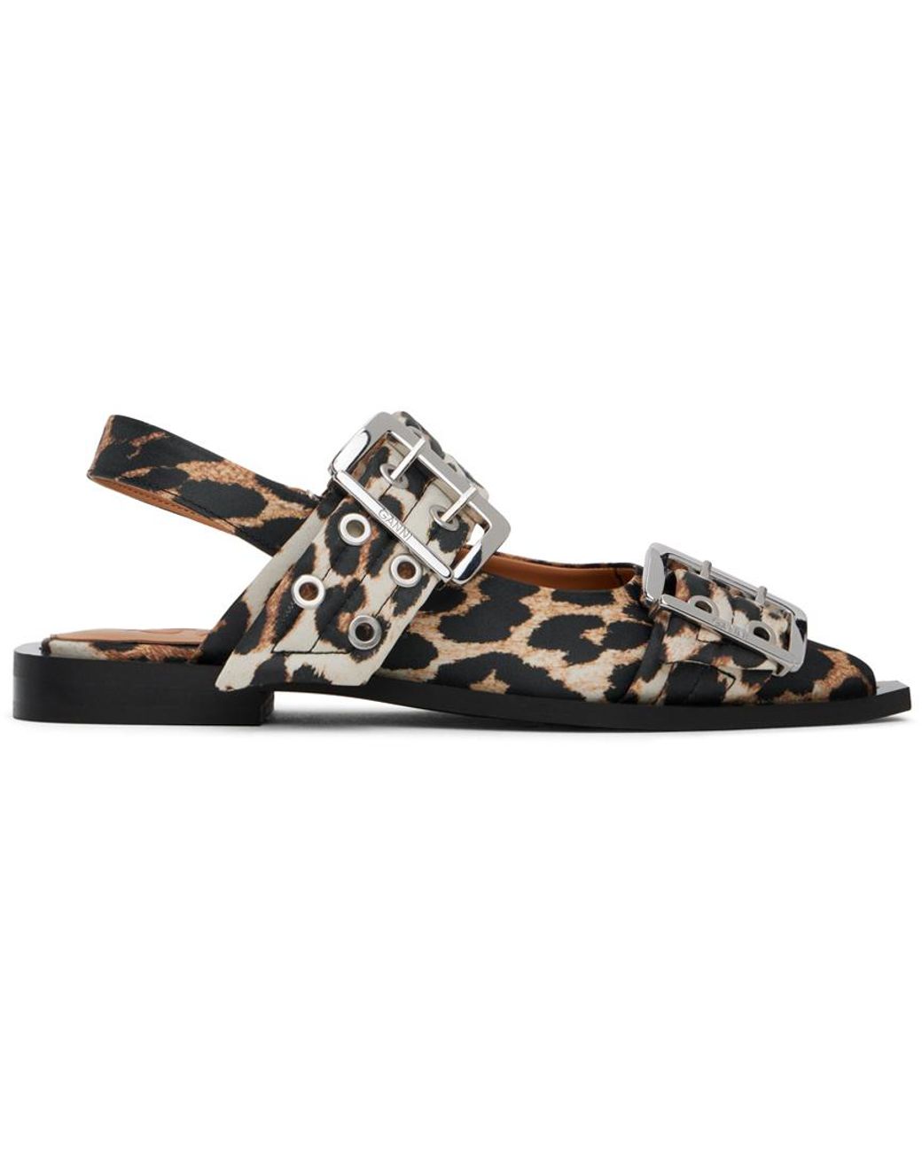 Ganni Leopard Satin Buckle Ballerina Flats in Black | Lyst