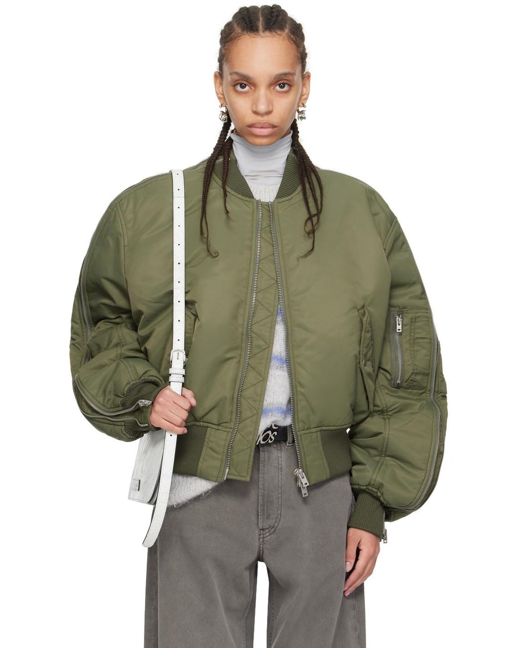 Acne Studios Khaki Zip Bomber Jacket in Green | Lyst