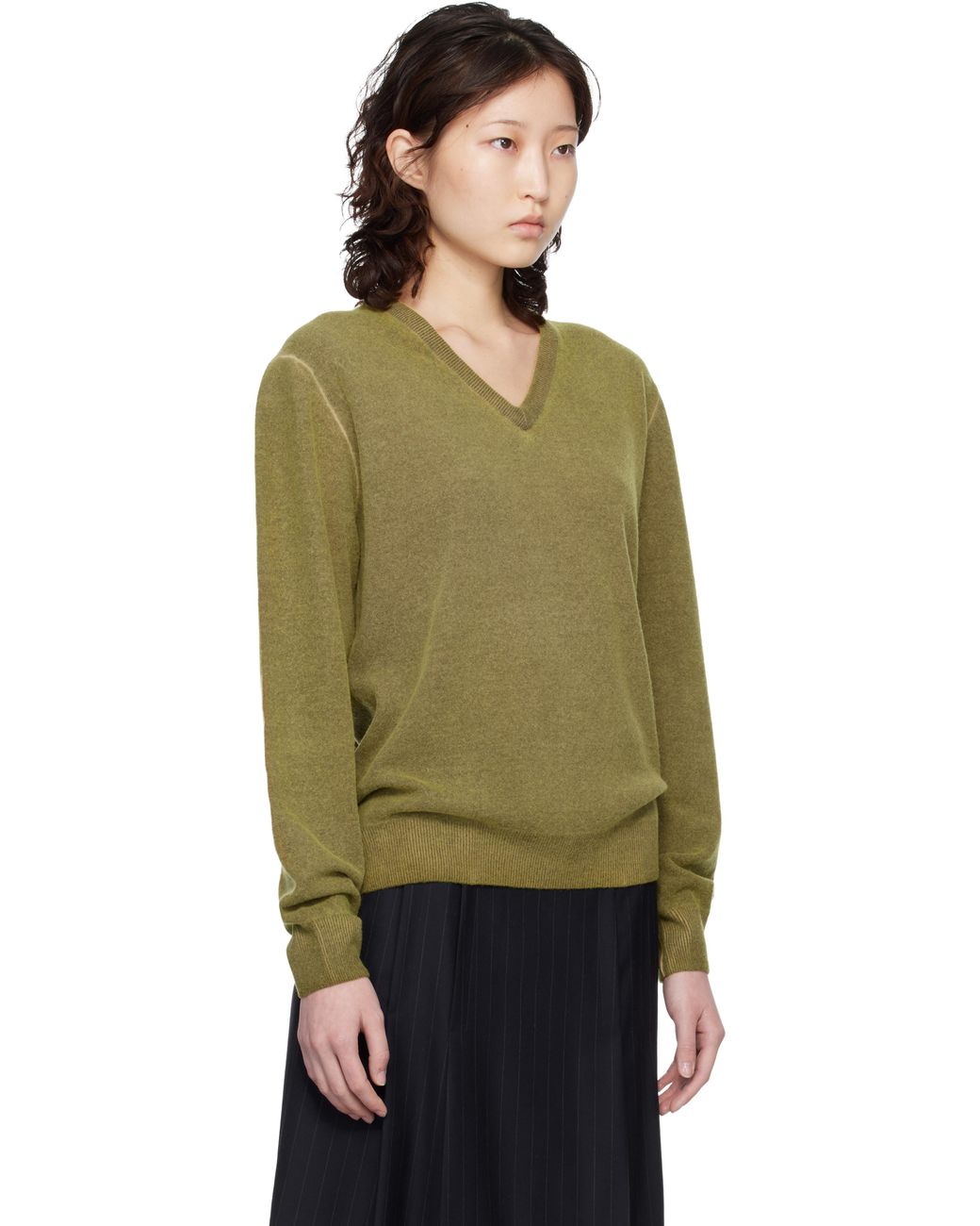 Maison Margiela Virgin Wool V-Neck Sweater in Green | Lyst UK