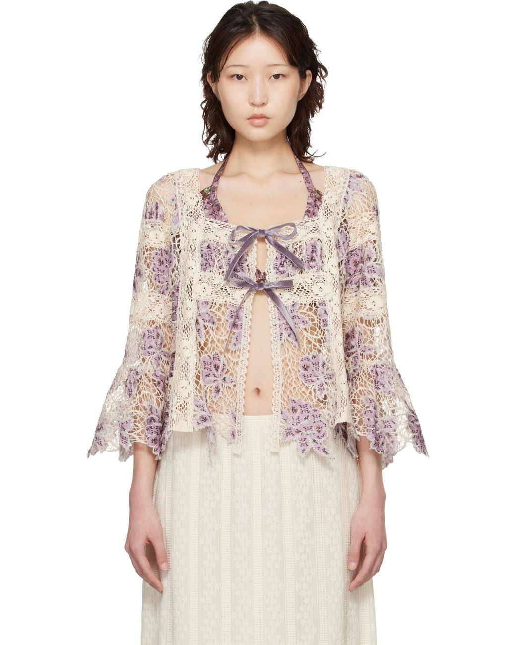 Anna Sui Off- Medallion Floral Lace Tie Blouse in Natural | Lyst