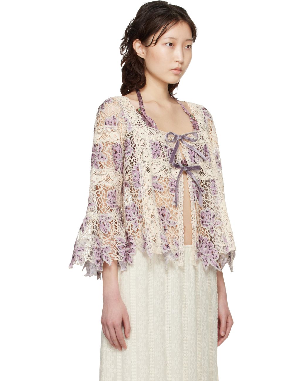 Anna Sui Off- Medallion Floral Lace Tie Blouse in Natural | Lyst