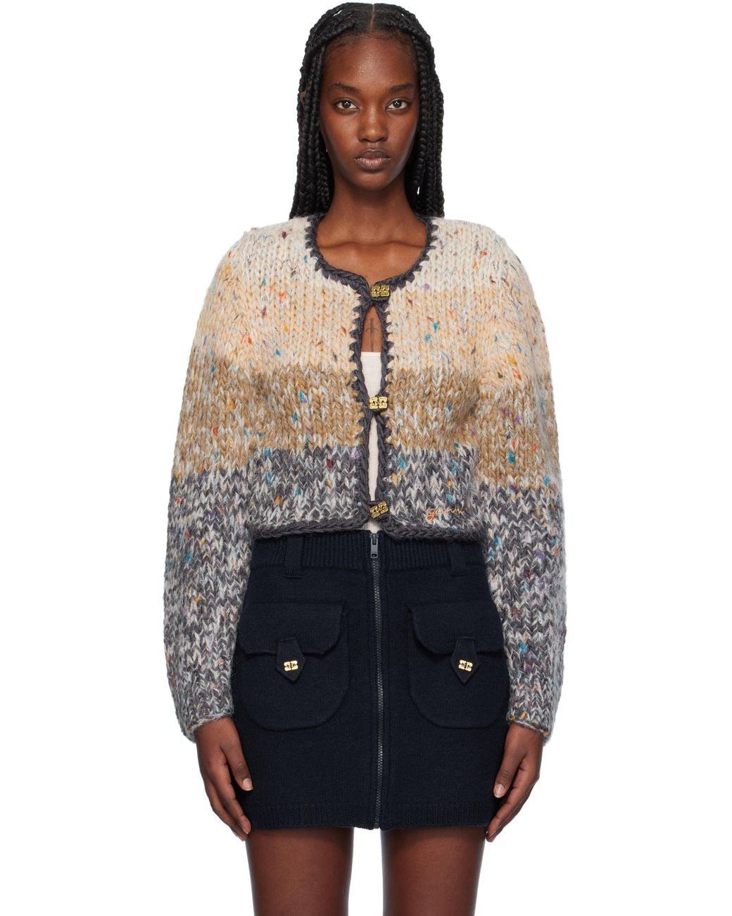 Ganni Hand-Knit Cropped Cardigan in Black | Lyst
