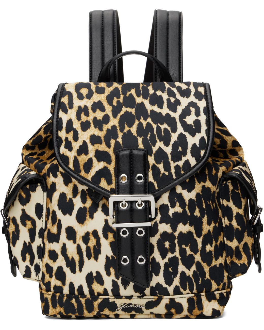 Ganni Tan & Leopard Small Nylon Bucky Backpack in Black | Lyst