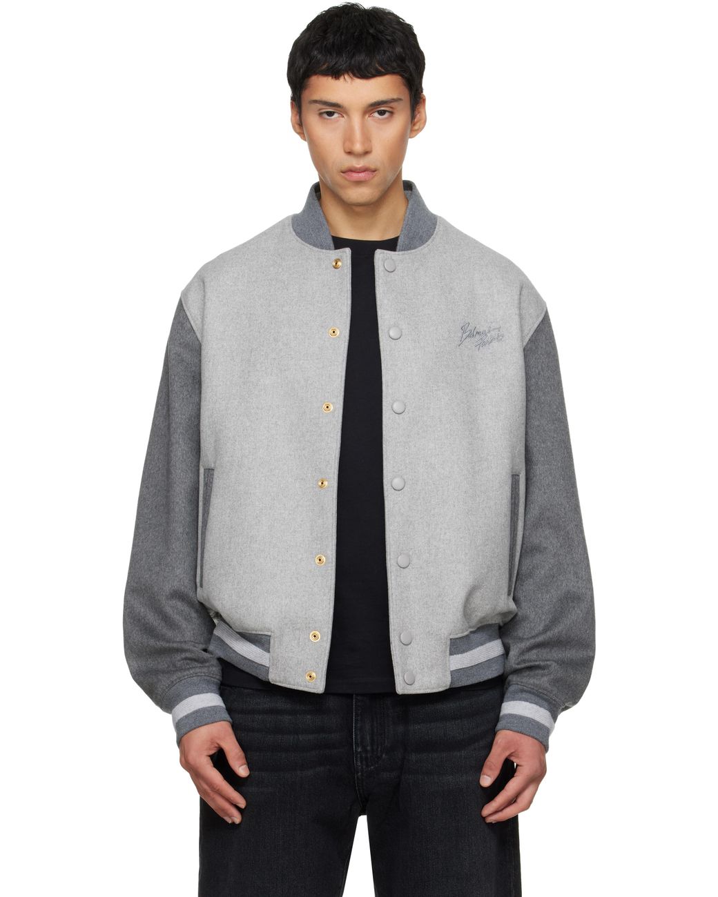 Balmain Wool & Cashmere Varsity Bomber Jacket in Grey for Men | Lyst UK
