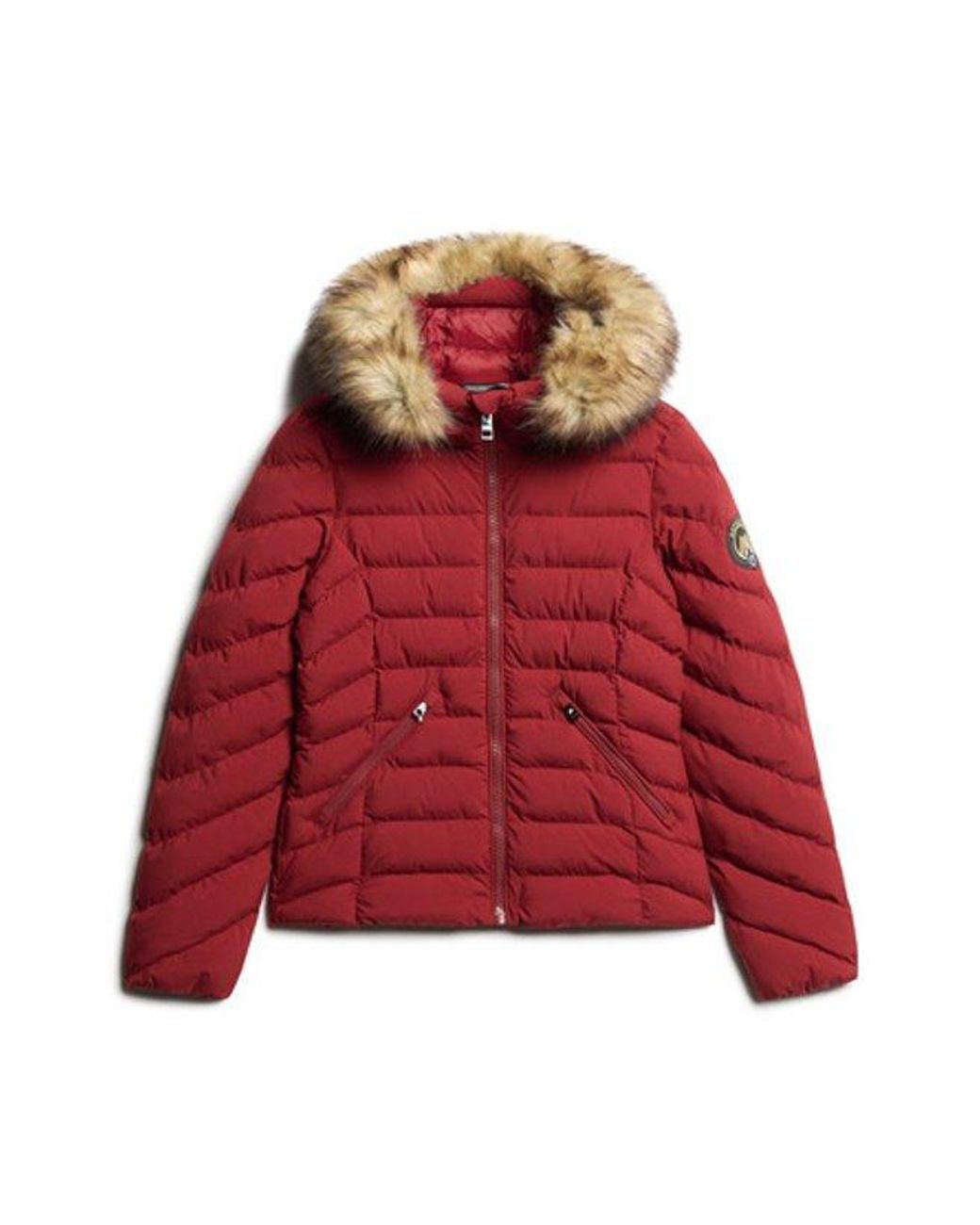 Superdry Fuji Faux Fur Hooded Padded Jacket in Red | Lyst UK