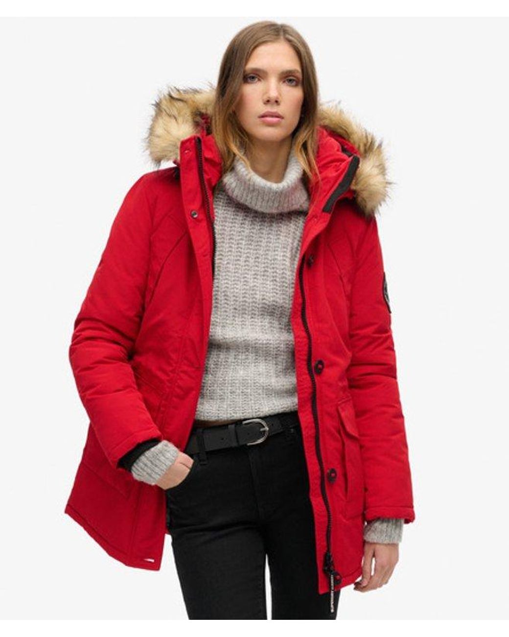 Superdry Everest Faux Fur Hooded Parka Coat in Red | Lyst