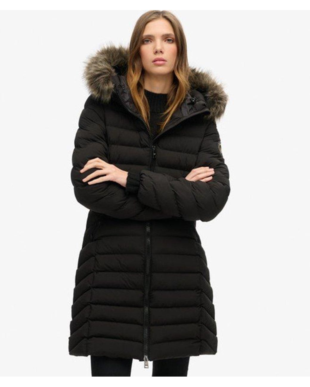 Superdry Slim Fit Fuji Faux Fur Hood Mid Length in Black | Lyst