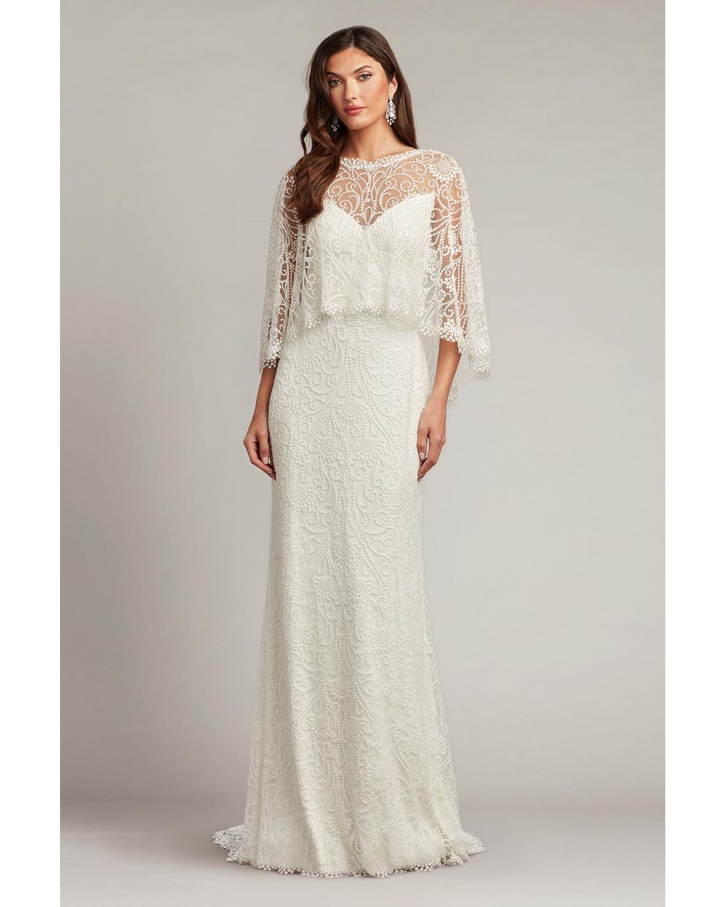 Tadashi Shoji Eagen Draped Overlay Embroidered Gown in Natural | Lyst