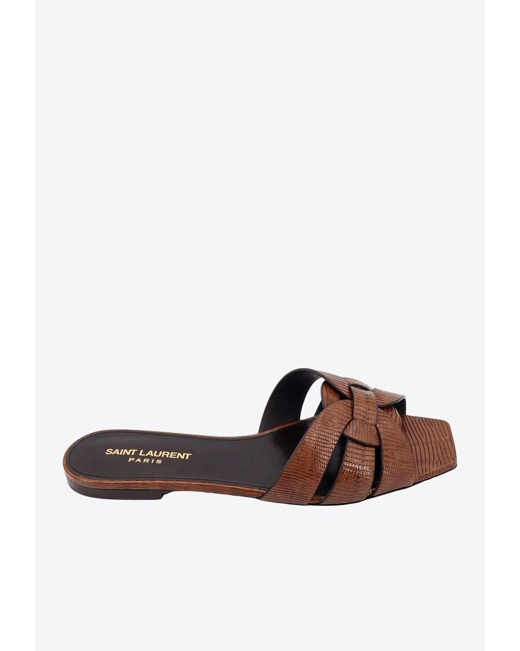 Saint Laurent Tribute Lizard-Effect Leather Flat Mules in Brown | Lyst
