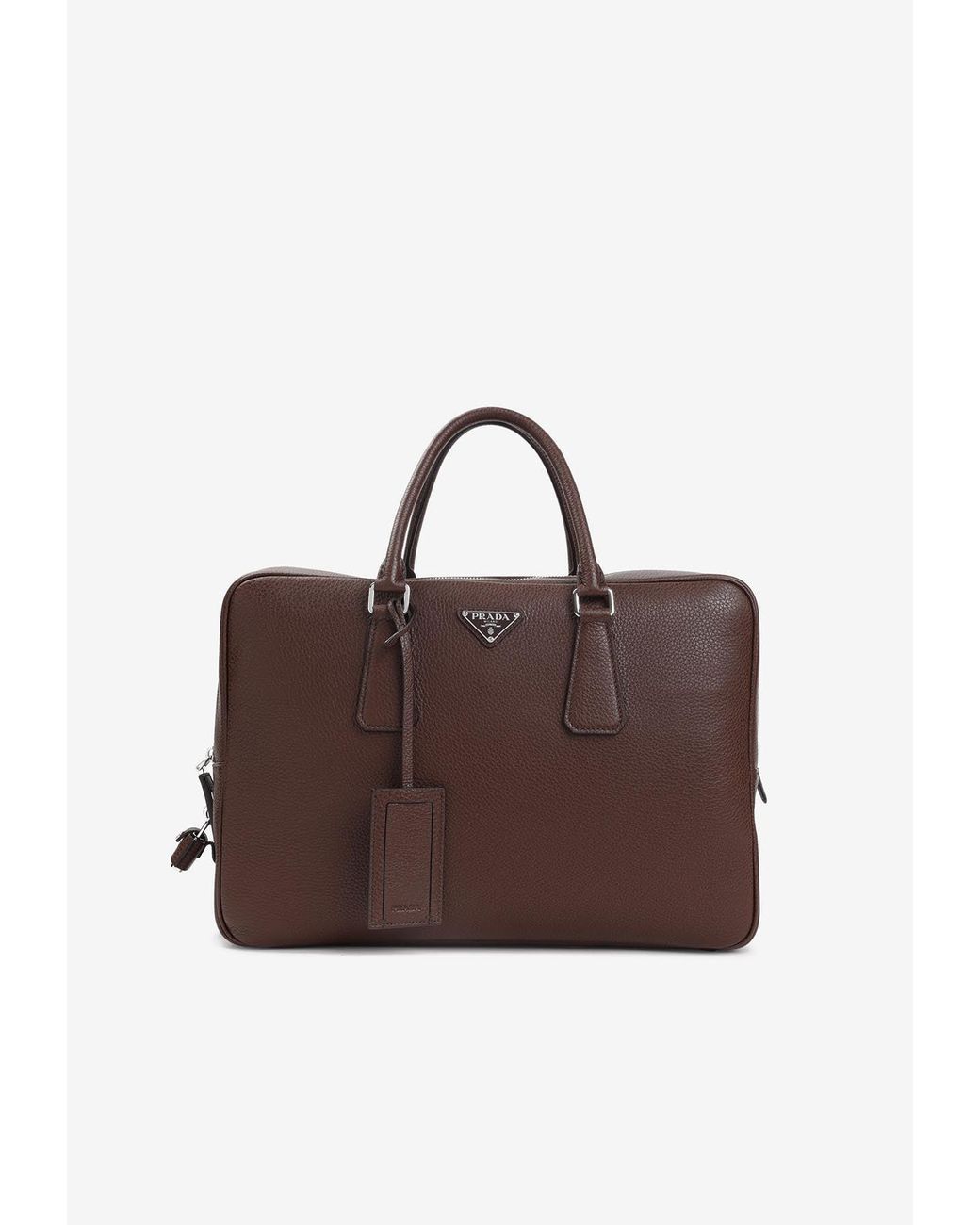 Prada Triangle Logo Leather Briefcase in Brown for Men | Lyst
