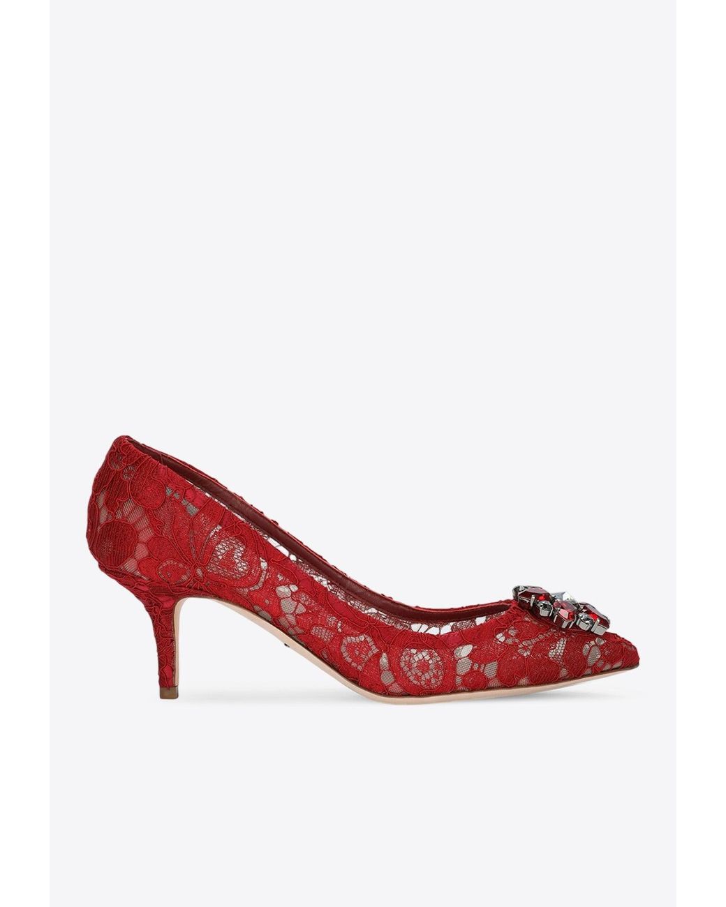 Dolce & Gabbana Bellucci 60 Brooch Embellished Lace Pumps in Red | Lyst