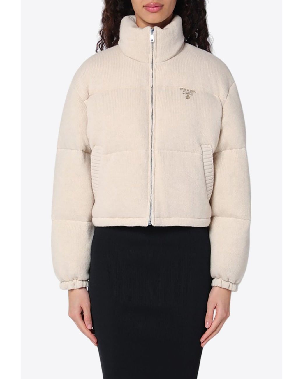 Prada Wool And Cashmere Cropped Down Jacket in Natural | Lyst