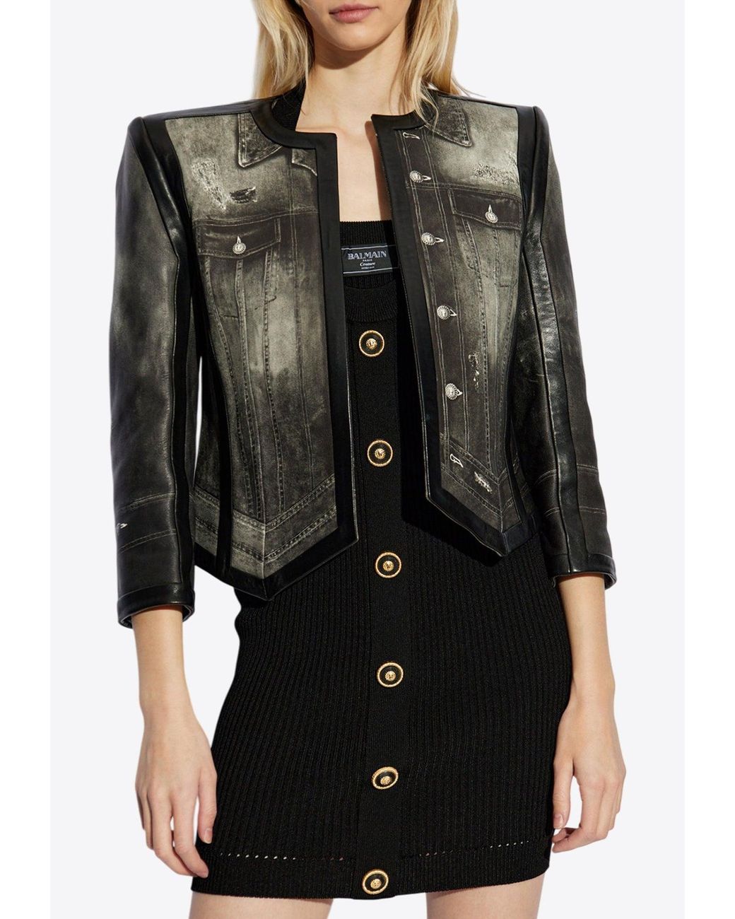 Balmain Denim Print Leather Jacket in Black | Lyst