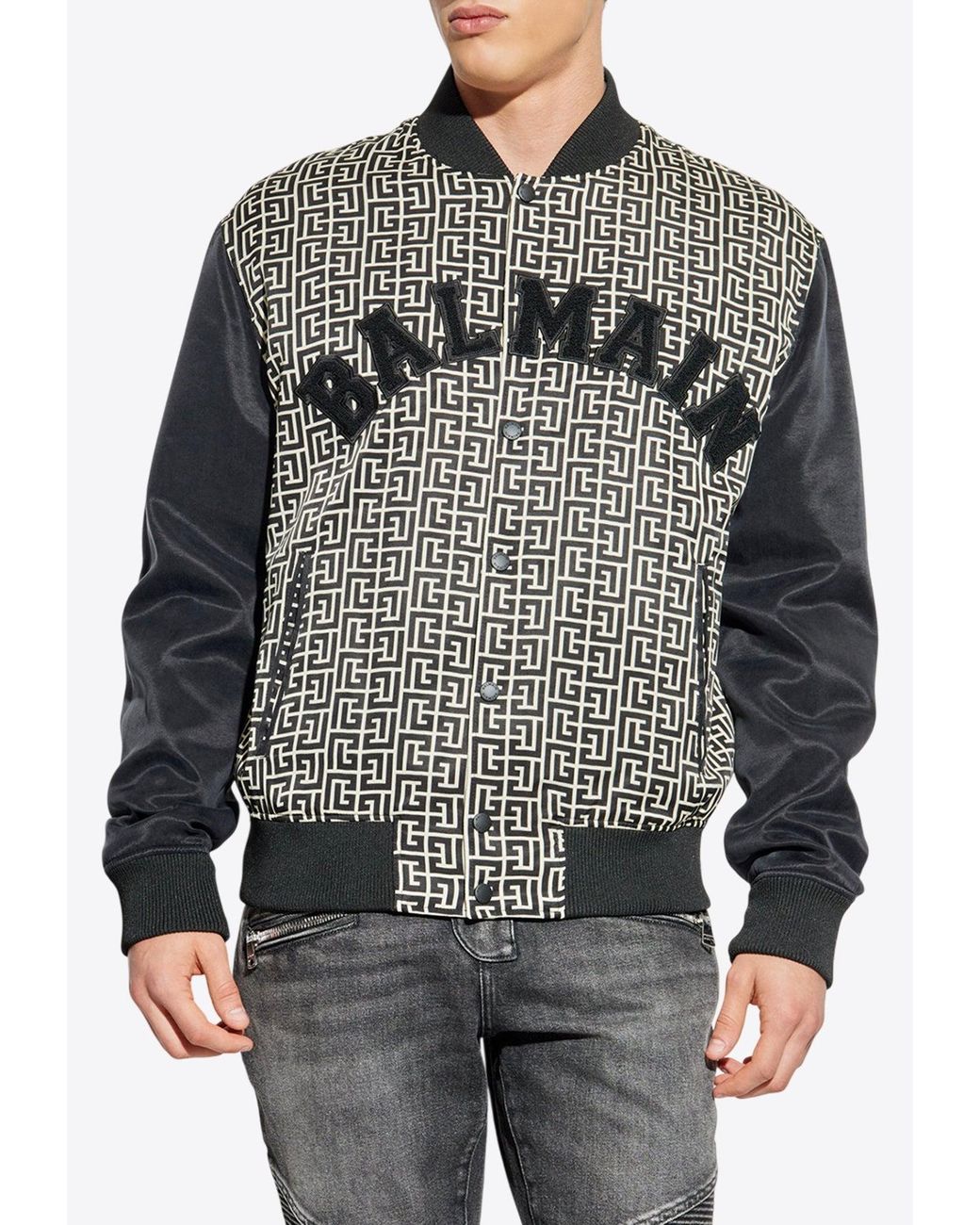 Balmain Pb Labyrinth Monogram Varsity Bomber Jacket in Gray for Men | Lyst