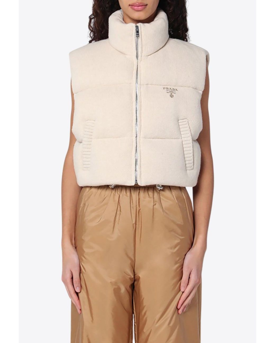 Prada Wool And Cashmere Cropped Puffer Vest in Natural | Lyst