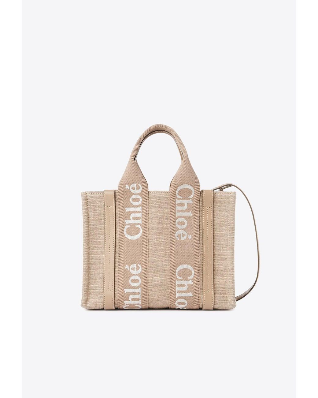 Chloé Small Woody Leather And Linen Tote Bag in Natural | Lyst