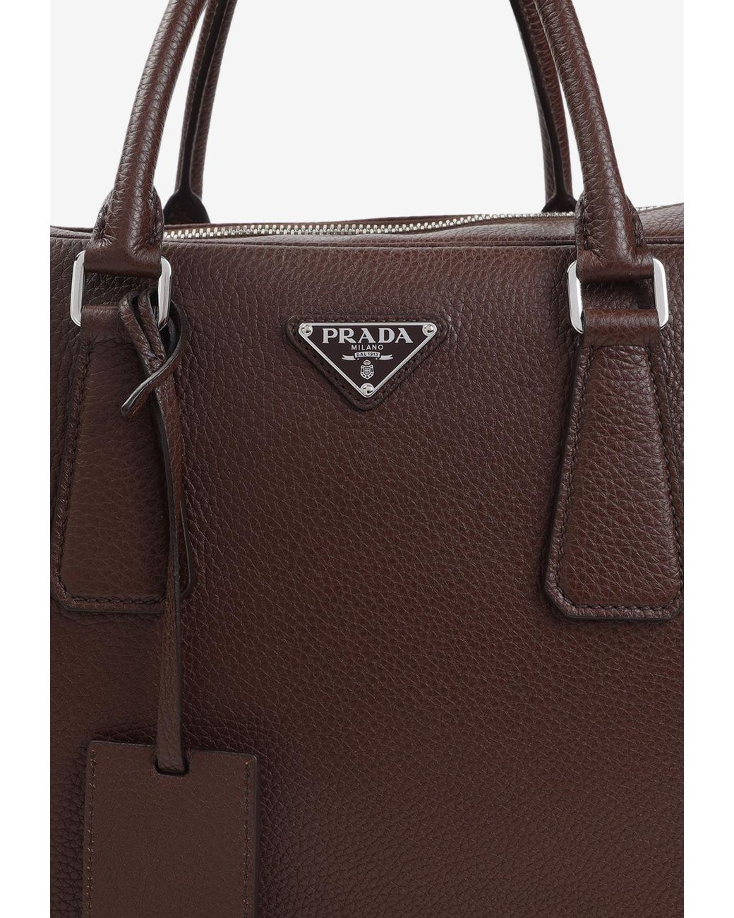 Prada Triangle Logo Leather Briefcase in Brown for Men | Lyst