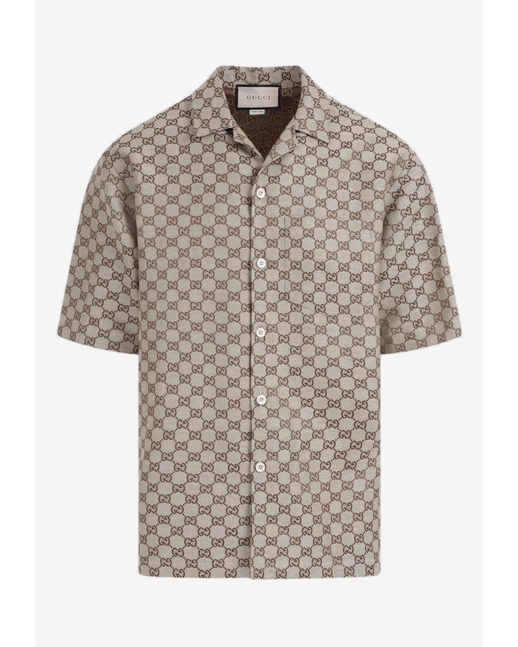 Gucci Short-sleeved Logo Monogram Shirt In Linen Blend in Gray for Men ...