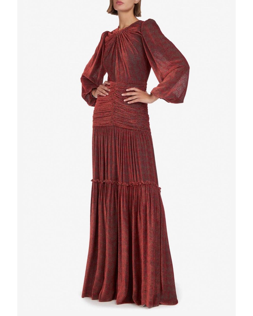 Costarellos Sabrina Ruched Silk Velvet Devorè Maxi Dress in Red | Lyst