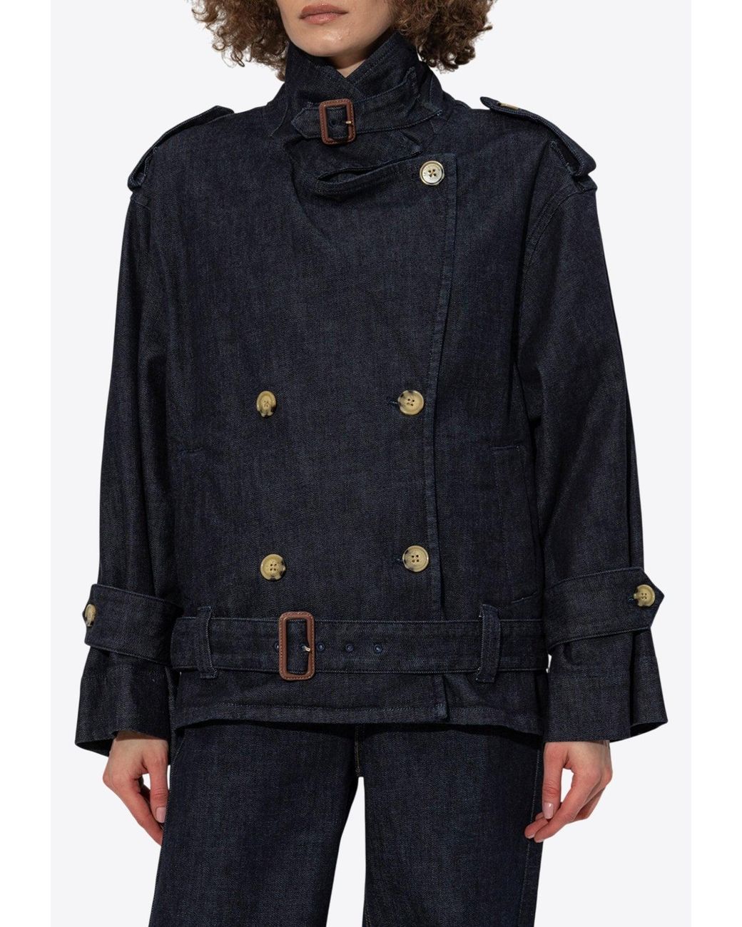 Self-Portrait Double-Breasted Denim Trench Jacket in Black | Lyst