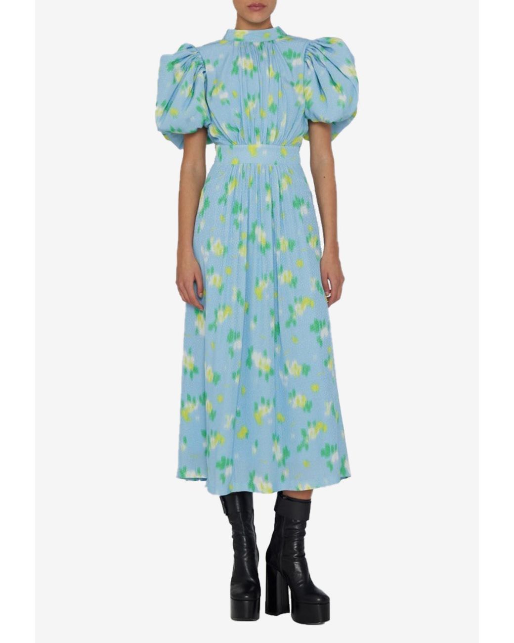 ROTATE BIRGER CHRISTENSEN Floral Puff-Sleeve Midi Dress in Blue | Lyst