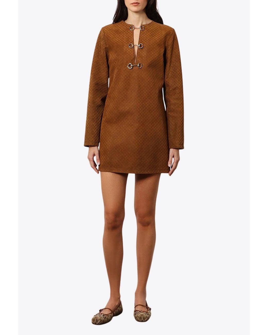 Gucci Horsebit Monogram Mini Dress in Brown | Lyst