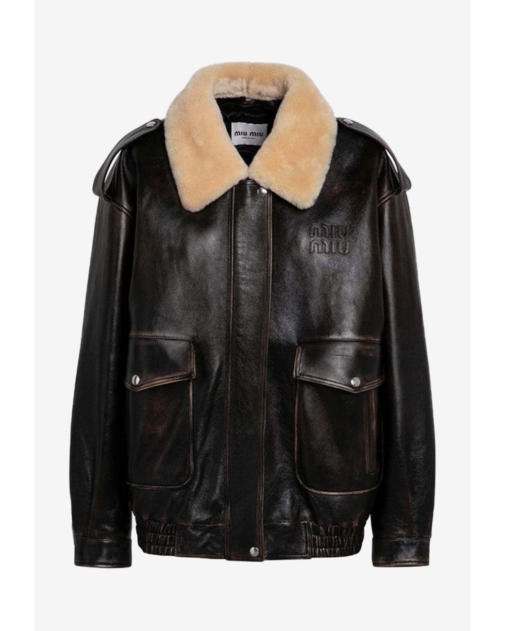 Miu Miu Shearling-Collar Leather Jacket in Black | Lyst