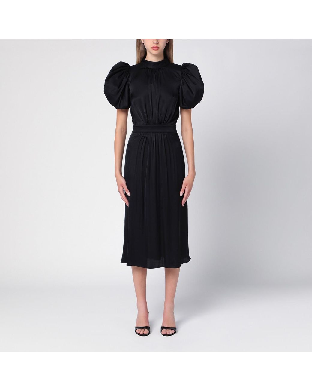 ROTATE BIRGER CHRISTENSEN Midi Dress With Puff Sleeve in Black | Lyst