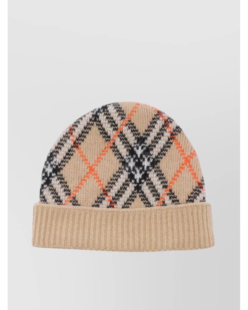 Burberry Check Pattern Knitted Folded Brim Hat in Natural for Men | Lyst