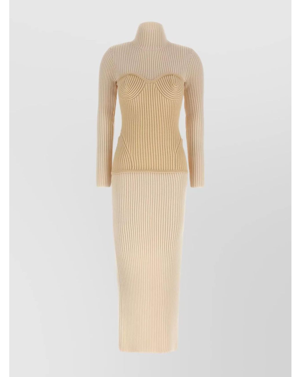 Jean Paul Gaultier Ribbed Turtleneck Dress Back Slit in Natural | Lyst