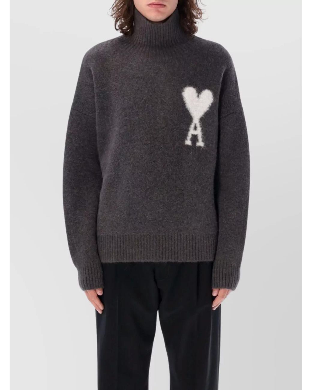 Ami Paris Heart Motif Turtleneck Sweater With Dropped Shoulders in Gray ...
