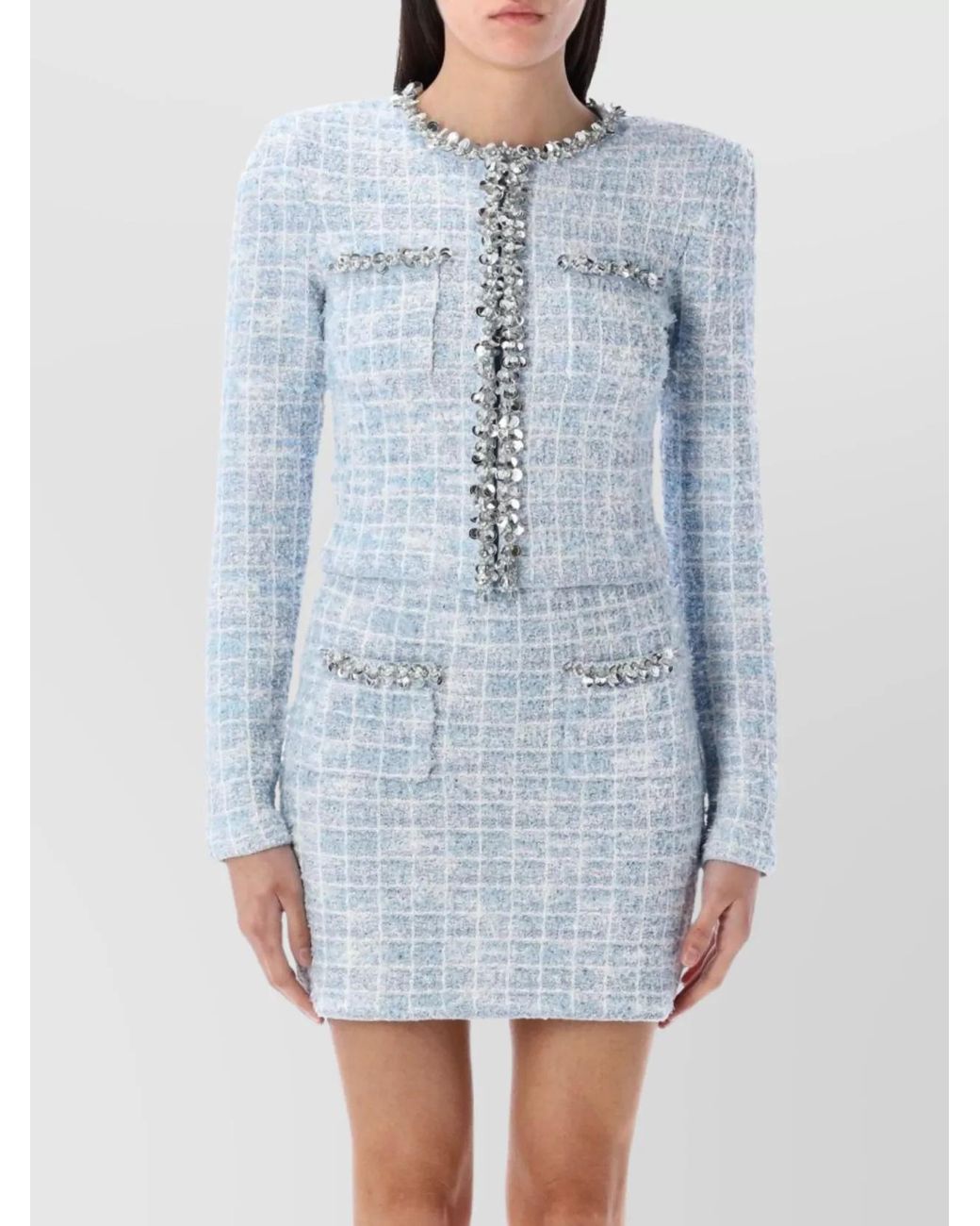 Self-Portrait Cropped Check Boucle Jacket in Blue | Lyst