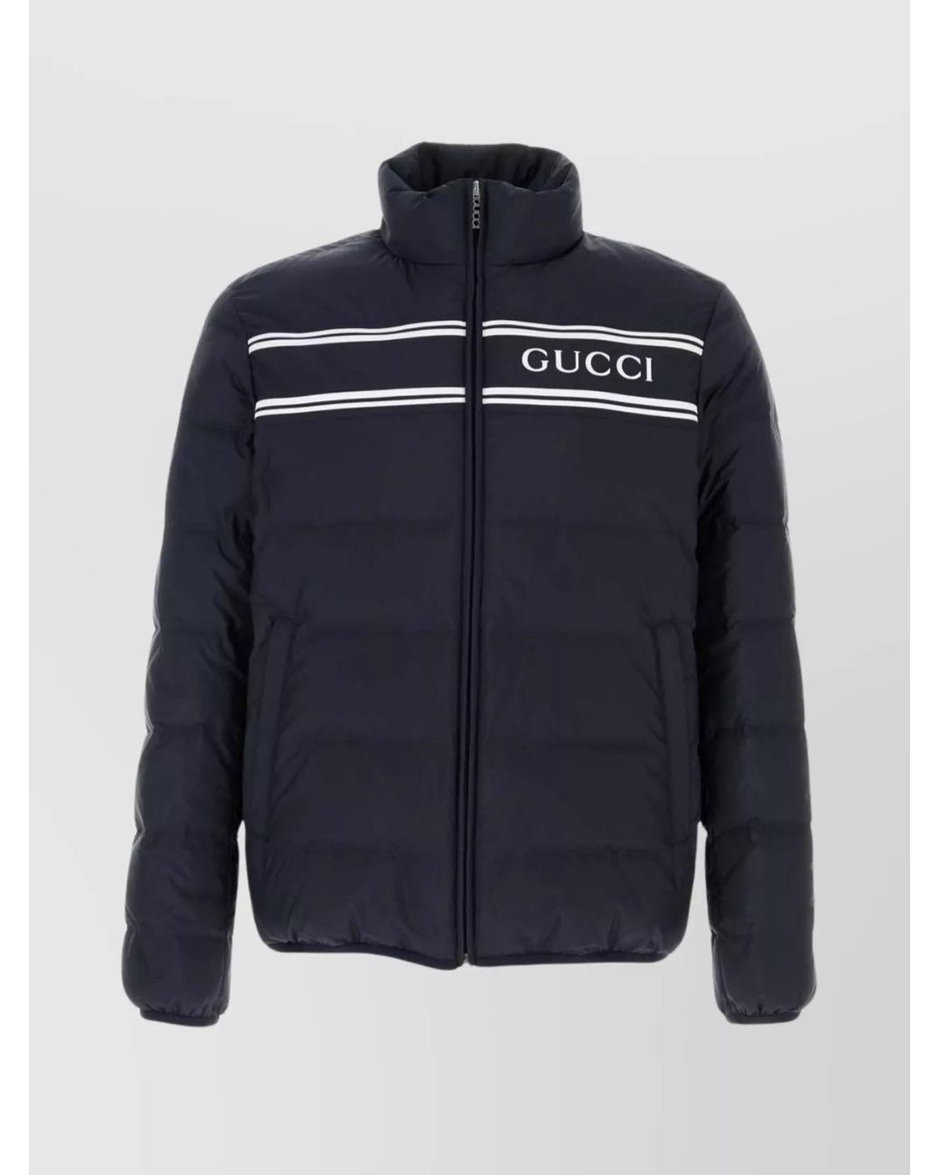 Gucci High Collar Puffer Jacket With Horizontal Quilting in Blue for ...