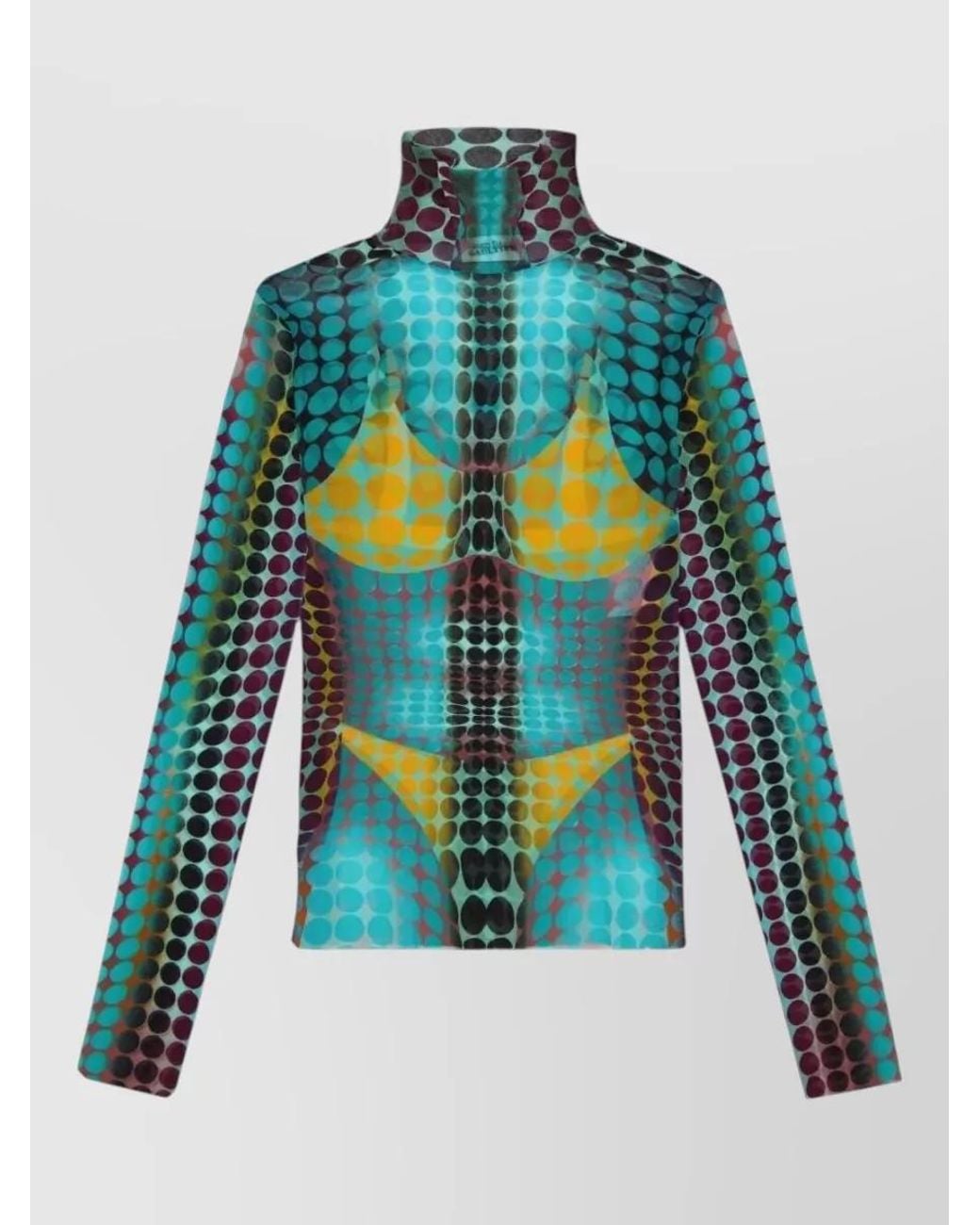 Jean Paul Gaultier Printed Mesh High-Neck Long-Sleeve Top in Blue | Lyst