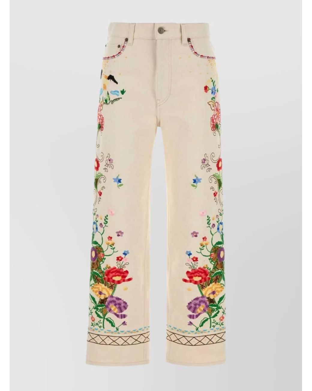 Valentino Garavani Denim Jeans With Floral Embroidery in White | Lyst