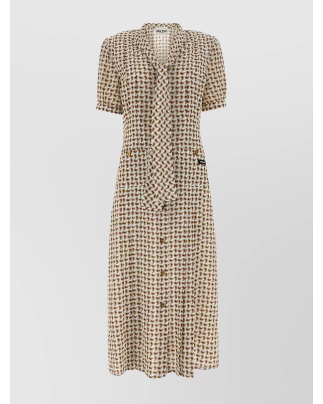 Miu Miu Crepe Dress With Printed All-Over Pattern in Natural | Lyst