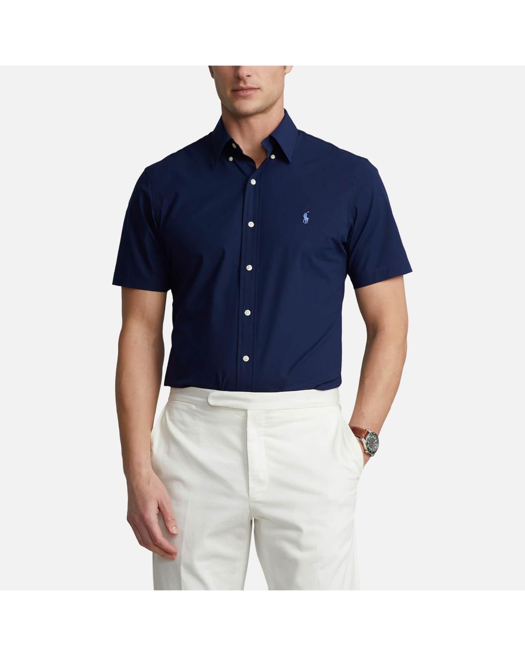 Polo Ralph Lauren Custom Fit Stretch Poplin Short Sleeve Shirt In Blue