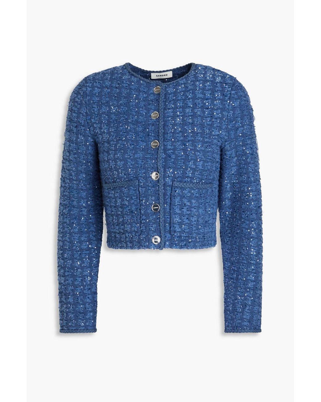 Sandro Cropped Sequin-embellished Bouclé Jacket in Blue | Lyst