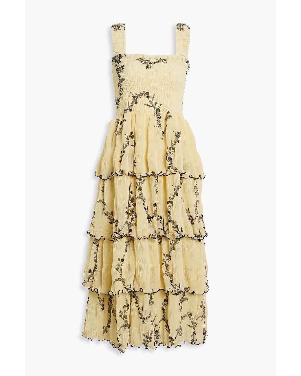 Ganni Tiered Floral-print Plissé-chiffon Midi Dress in Metallic | Lyst