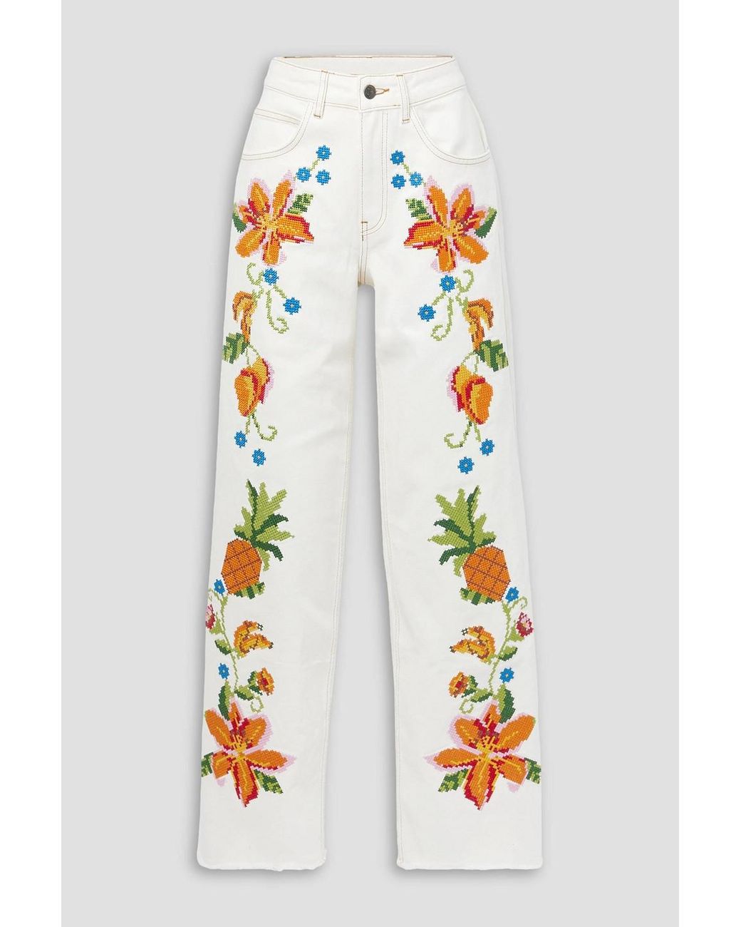 FARM Rio Embroidered High-rise Wide-leg Jeans in White | Lyst