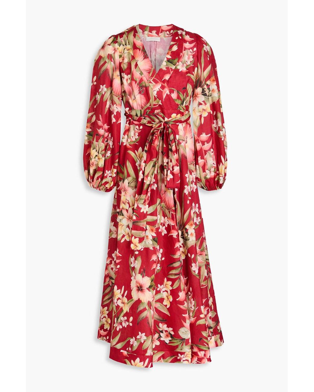 Zimmermann Floral-print Linen Midi Wrap Dress in Red | Lyst UK