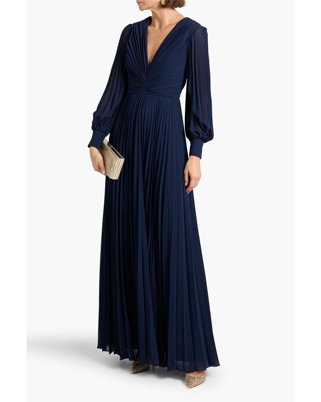Badgley Mischka Pleated Crepe De Chine Maxi Dress in Blue | Lyst
