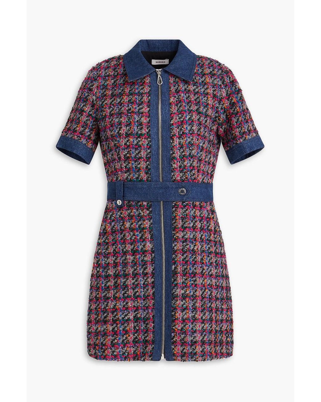 Sandro Denim-trimmed Checked Tweed Mini Dress in Blue | Lyst